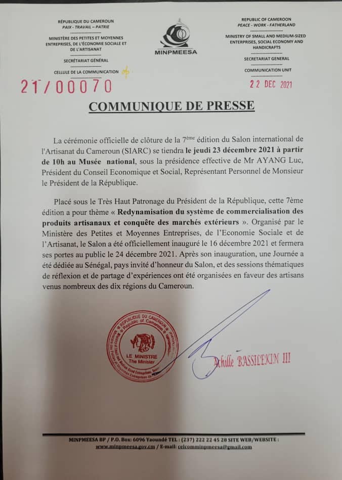 Cérémonie officielle de clôture de la 7ième édition du SIARC: M. AYANG ...